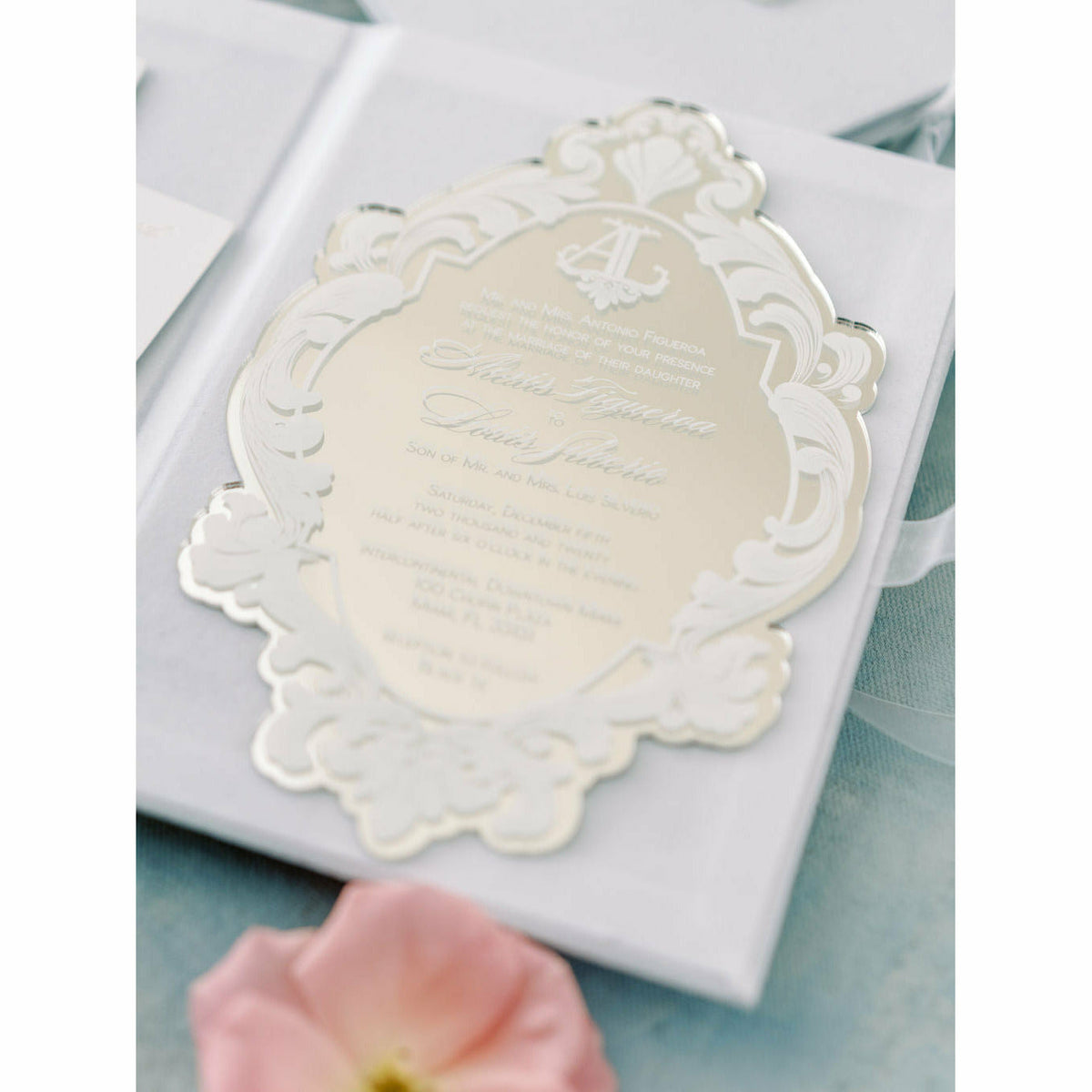 Elegant Silver Mirror Invitation with White Suede Folio – Boxed Wedding ...
