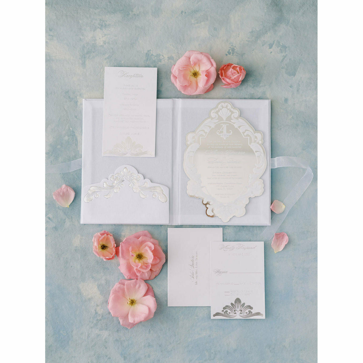 Elegant Silver Mirror Invitation with White Suede Folio – Boxed Wedding ...