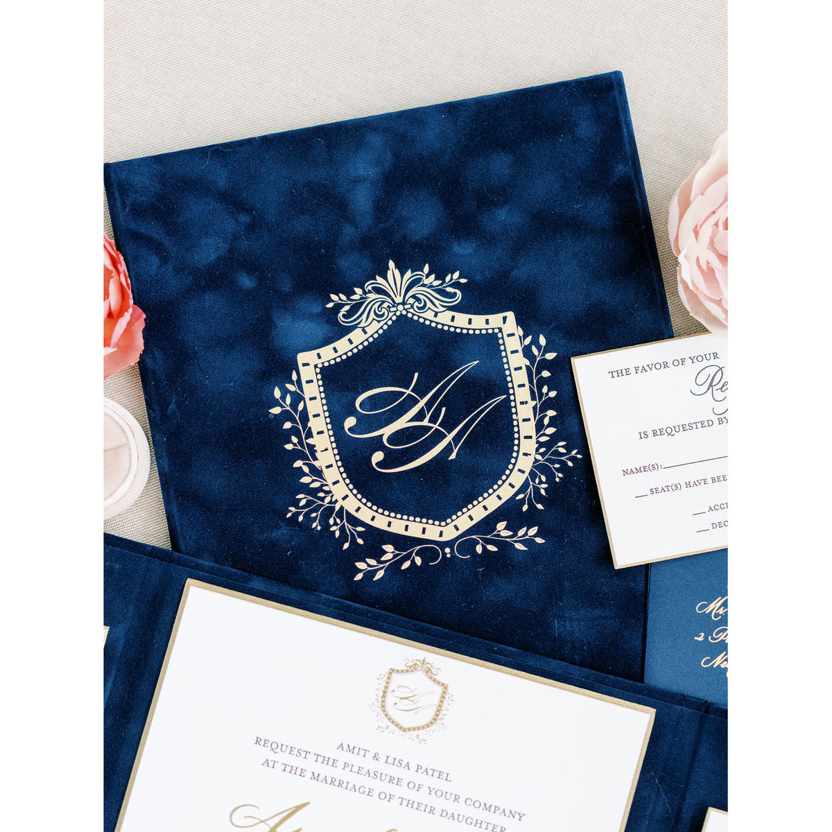 Blue Suede and Gold Detailed Luxury Suede Folio – Boxed Wedding Invitations