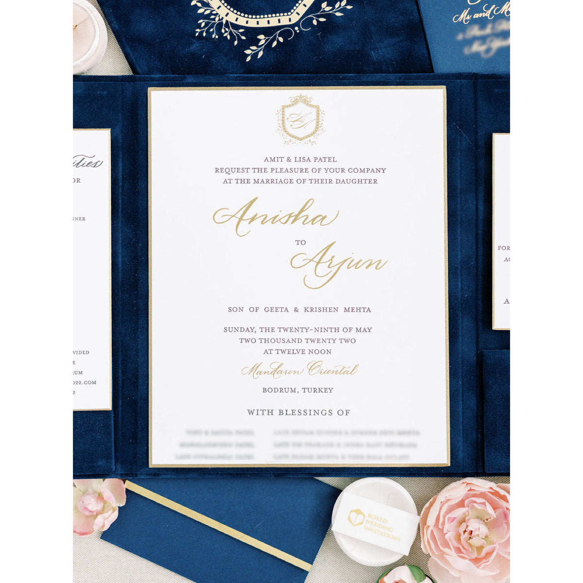 Blue Suede and Gold Detailed Luxury Suede Folio – Boxed Wedding Invitations